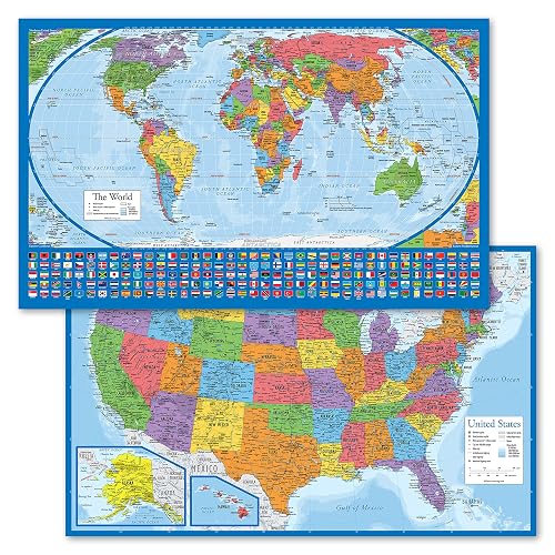 2 Pack - Laminated World Map Poster & USA Map Set - Equal Earth world ...