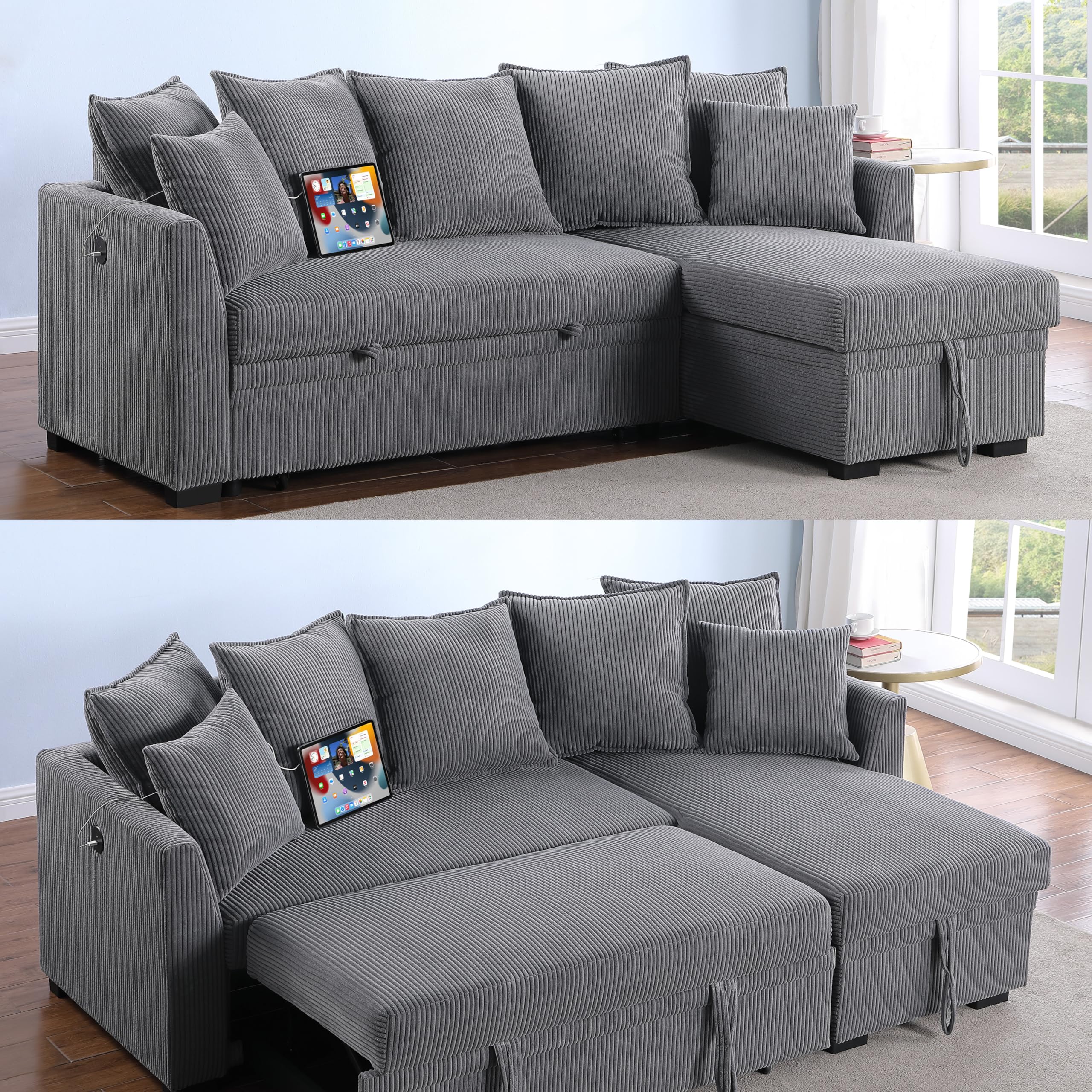 Modern Living Room Corner Convertible Sofabed Corduroy Upholstered ...