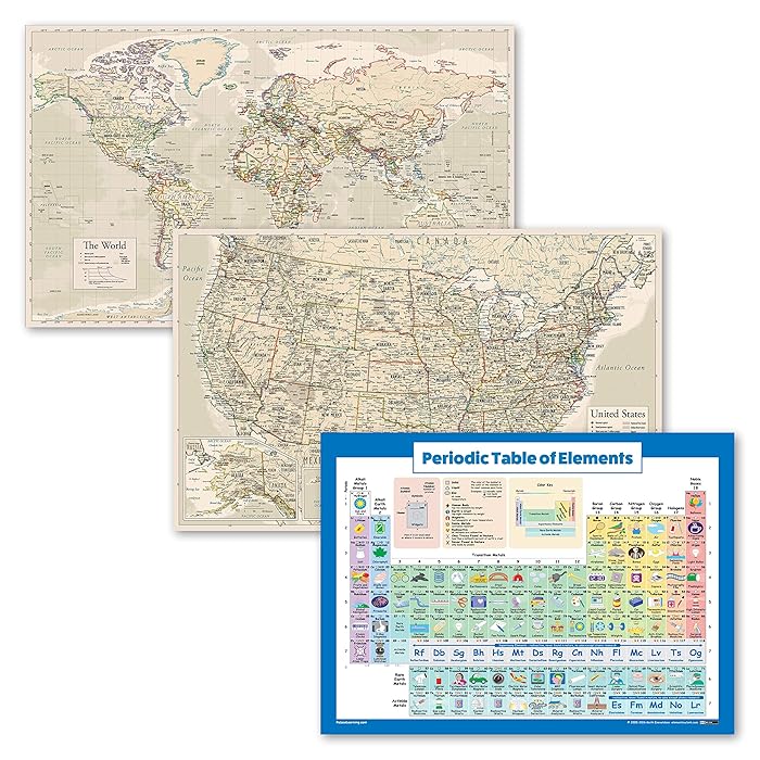 Buy 3 Pack - Antique Style World & USA Map Poster Set + Periodic Table ...