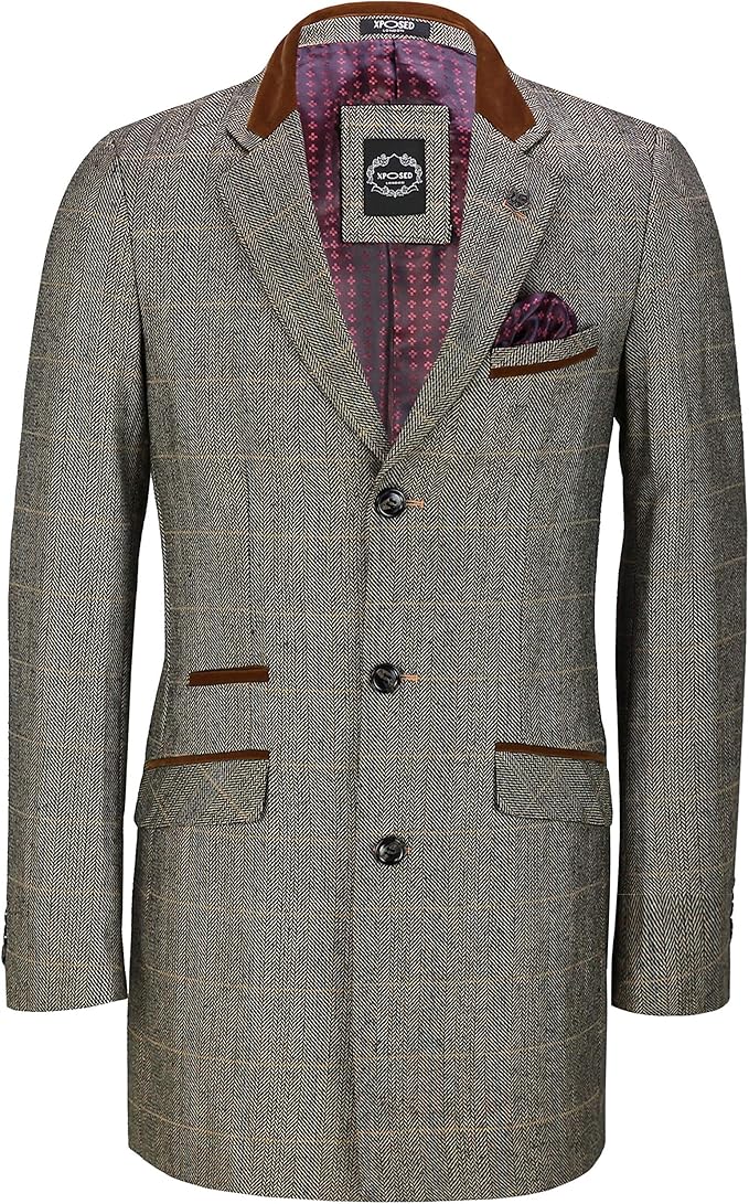 Mens 3/4 Long Overcoat Jacket Herringbone Tweed Check Retro Velvet ...