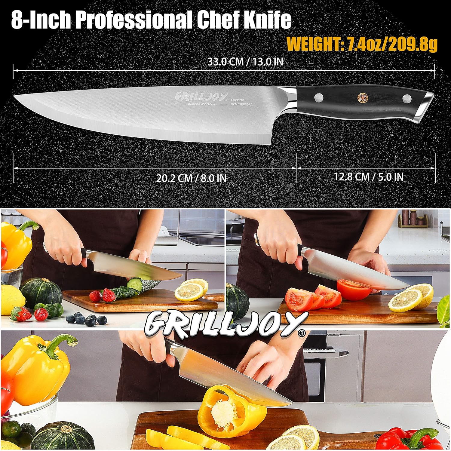 Grilljoy 8-Inch Professional Chef Knife with Storage Case, 9Cr18 ...