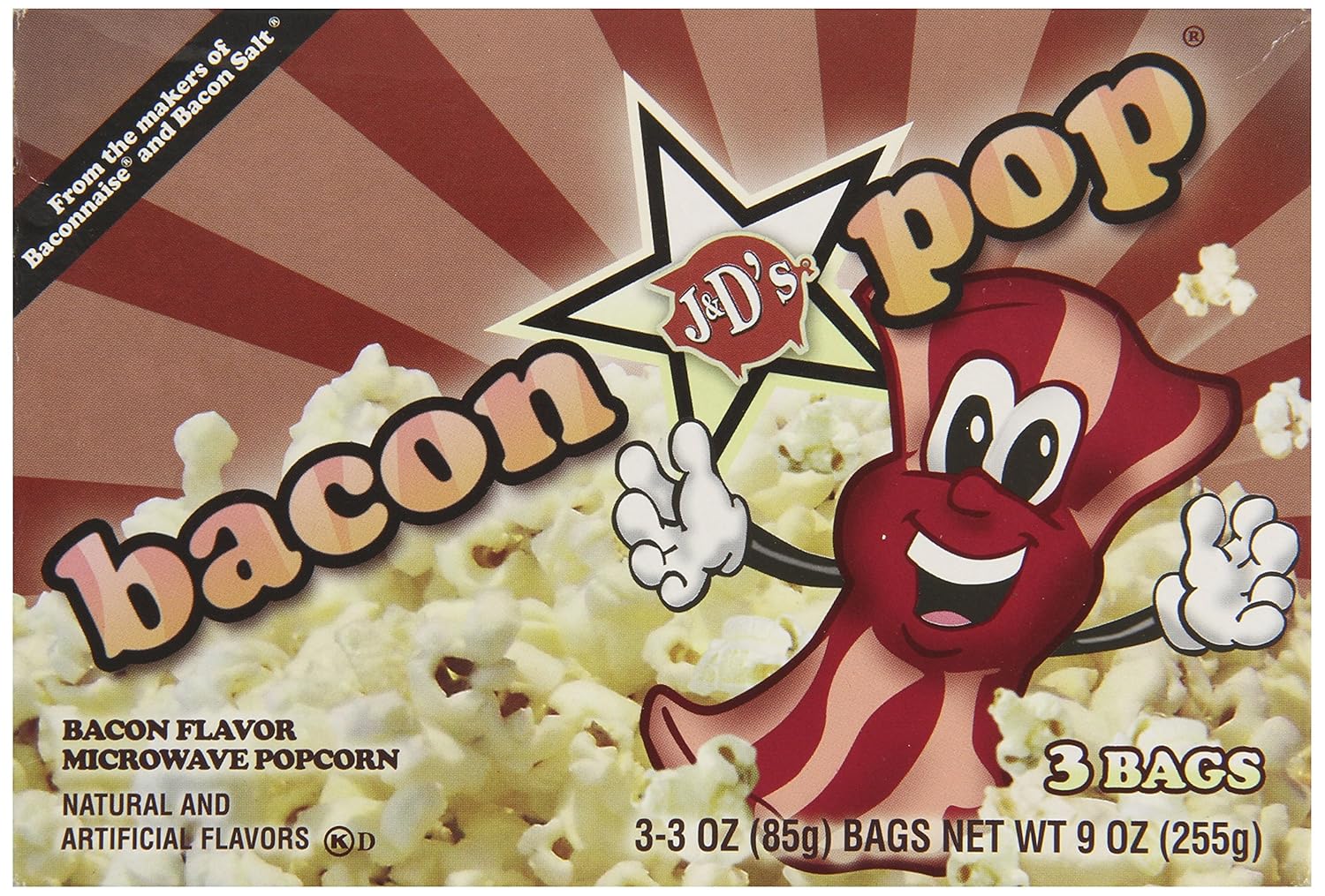 Amazon.com: J&D's Bacon Pop Popcorn, 3 Microwavable Bags, (Pack of 6)