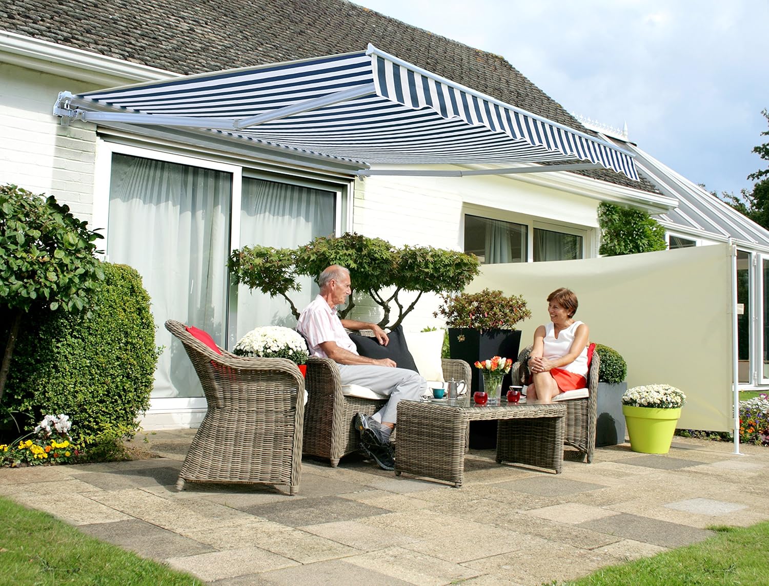 3.0m Toldo Económico Manual Color Rayas Azules y Blancas: Amazon.es: Jardín