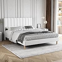 Tuconia Upholstered Platform Queen Size Bed Frame with Headboard Wooden Slats Support Easy ...