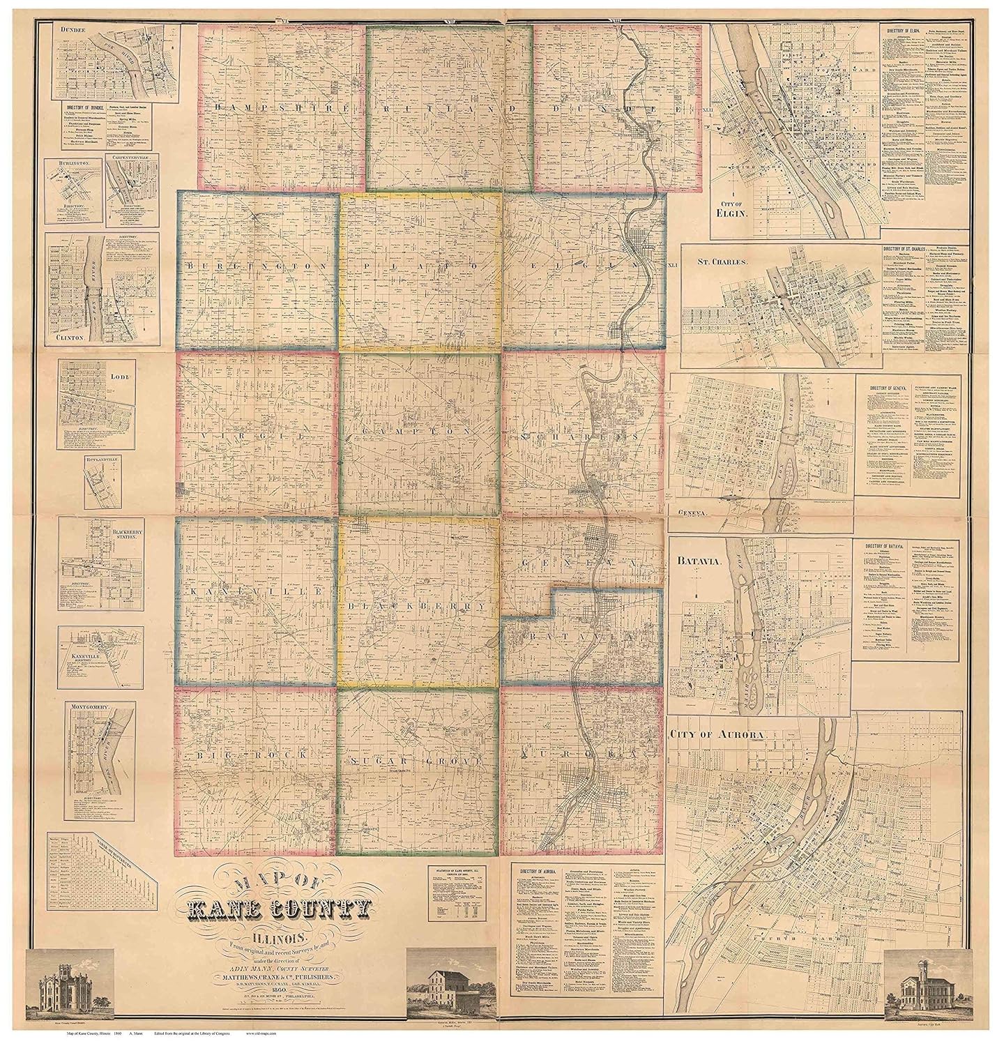 Amazon.com: Kane County Illinois 1860 - Wall Map with Homeowner Names ...