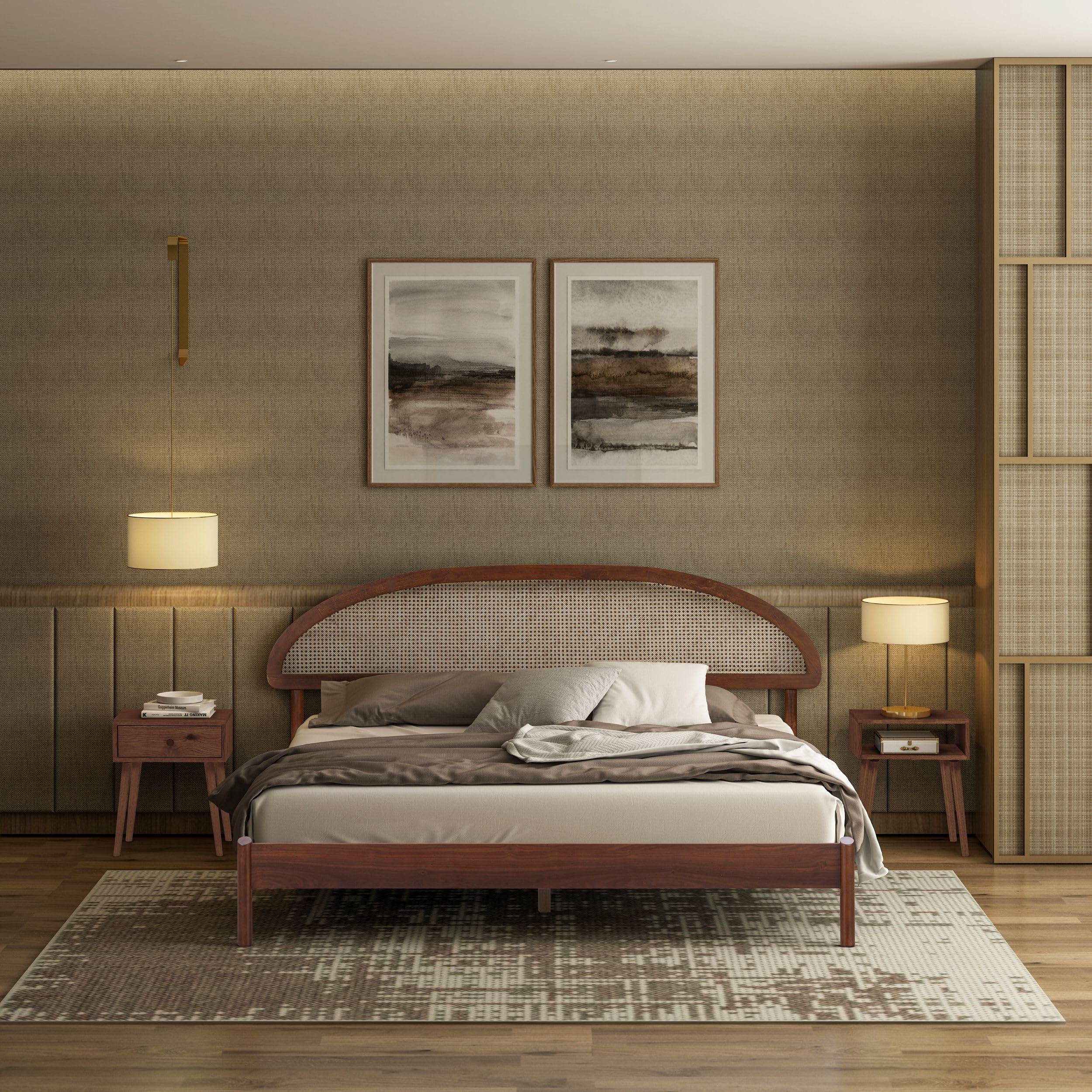 NTC Gem Wooden Bed Frame with Headboard and Natural Rattan, Solid Oak ...