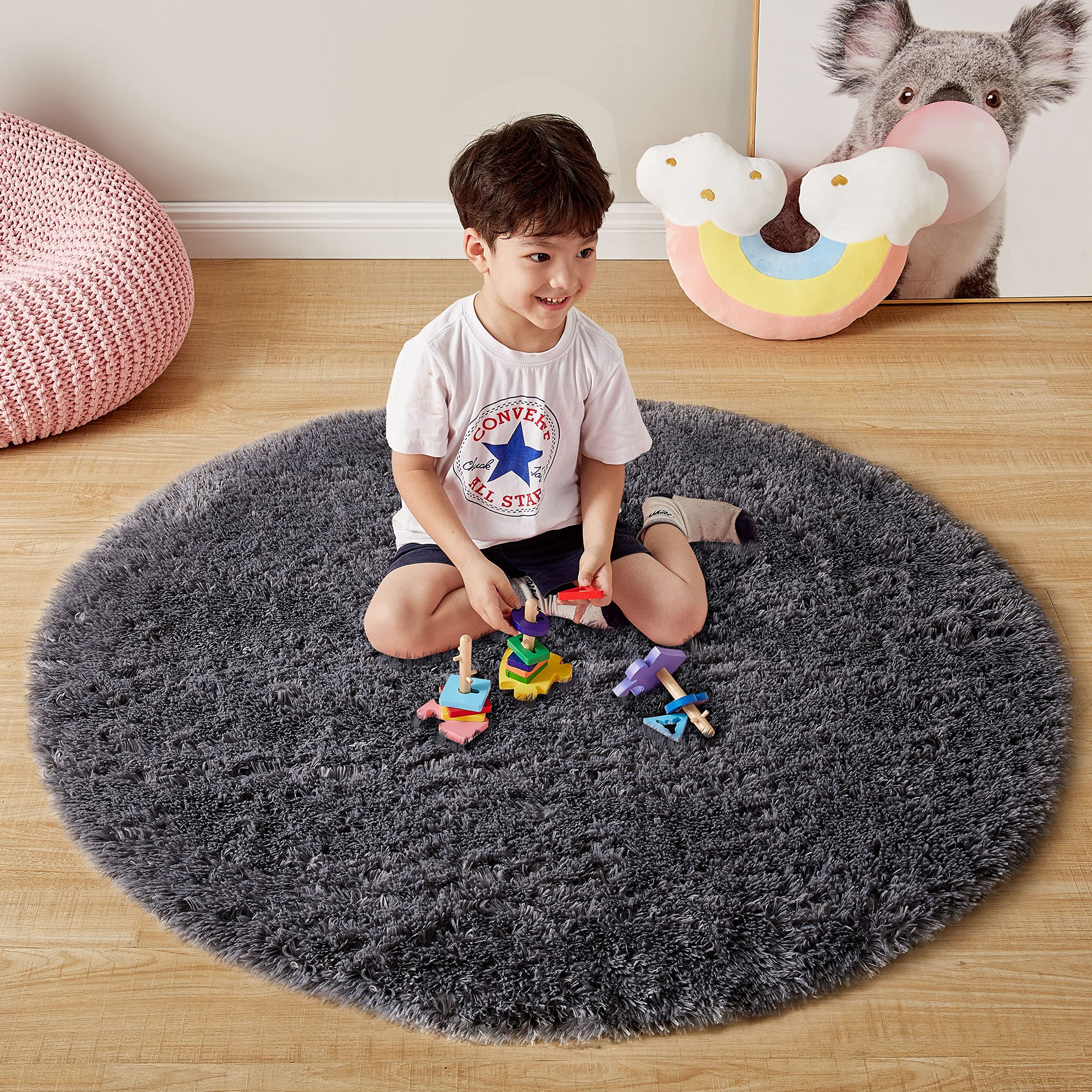 GKLUCKIN Round Rug 4ft, Dark Grey Circle Rug for Bedroom, Nursery Rug ...