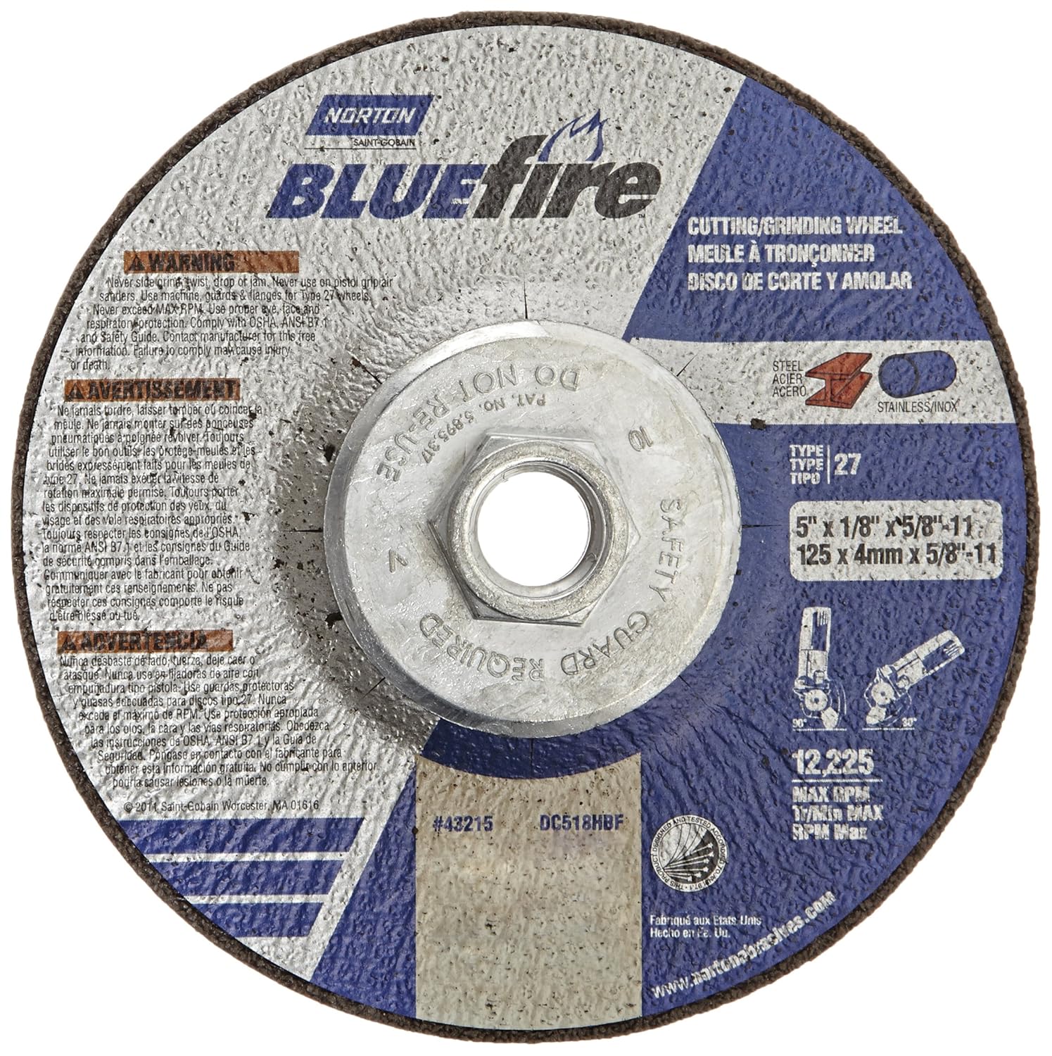 Amazon.com: Norton Blue Fire Plus Depressed Center Abrasive Wheel, Type ...