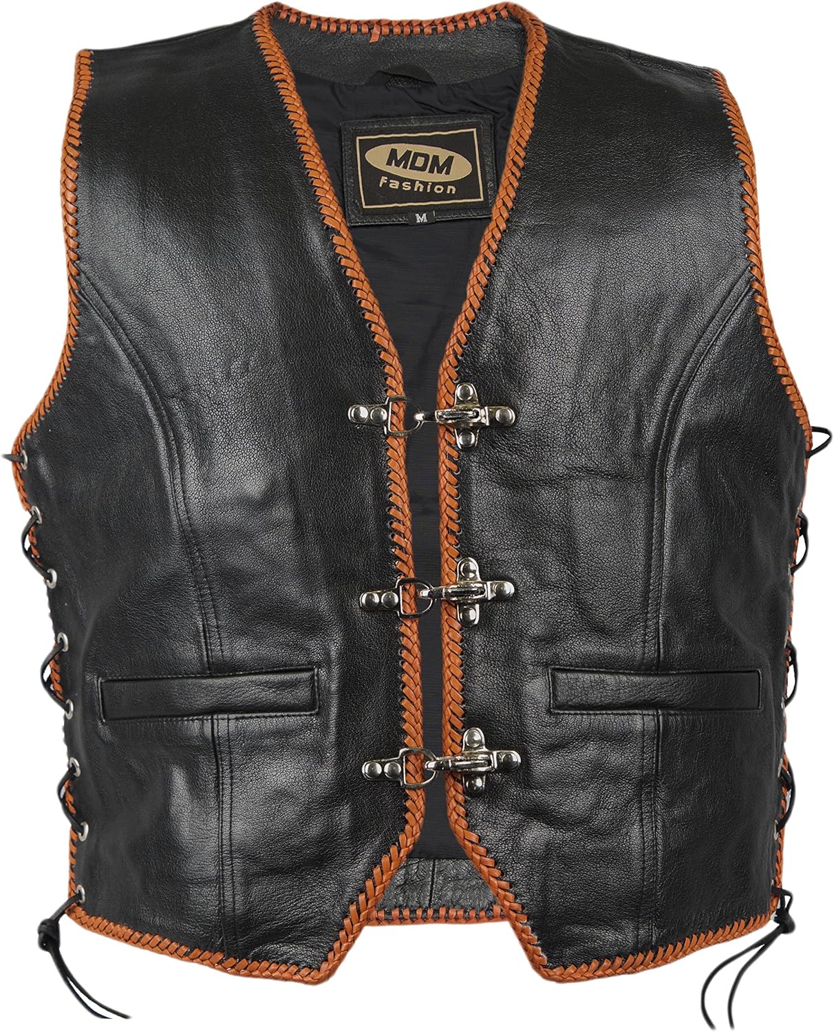 Rocker Weste mit orangen Kordeln, Bikerweste an den Seiten geschnürt ...
