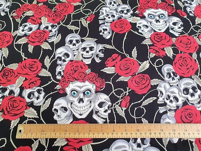 Oddies Textiles Skull Print Fabric - 100% Cotton - Skulls & Red Roses ...