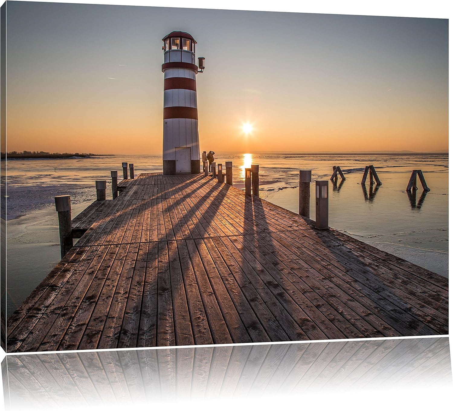 Pixxprint Leuchtturm am Steg im Sonnenuntergang, Format: 80x60 auf Leinwand, riesige Bilder ...