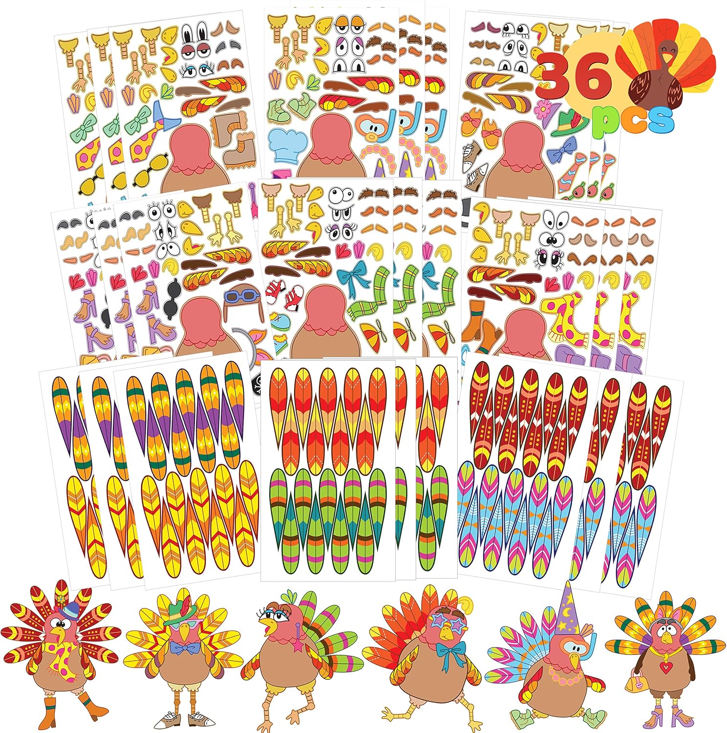 Amazon.com: JOYIN 36 PCS Thanksgiving Make-a-Turkey Sticker Crafts for ...