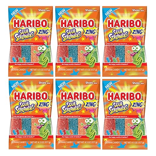 Haribo ZING Sour Streamers Pack of 6 (4.5oz Bags) Sour Cherry, Sour ...