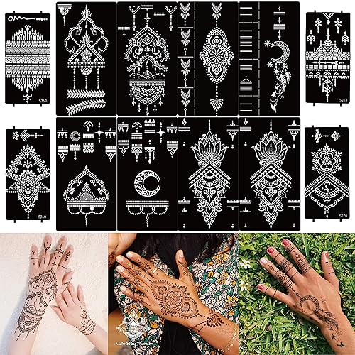 DIVAWOO 12 Sheet Henna Tattoo Stencils, Hand Temporary Tattoo Stickers ...