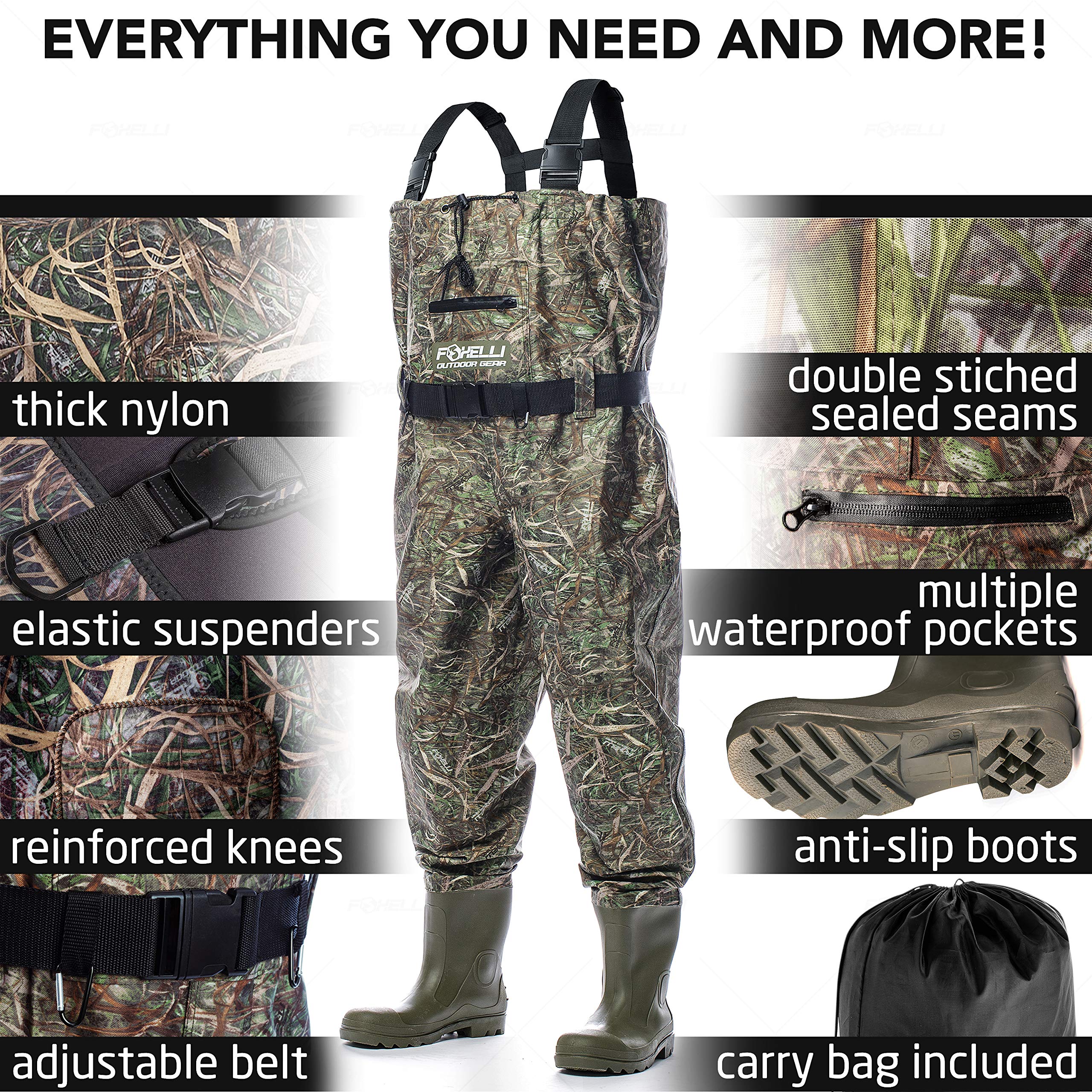 Foxelli Nylon Chest Waders Camo Fishing Waders for Men with Boots - Use ...