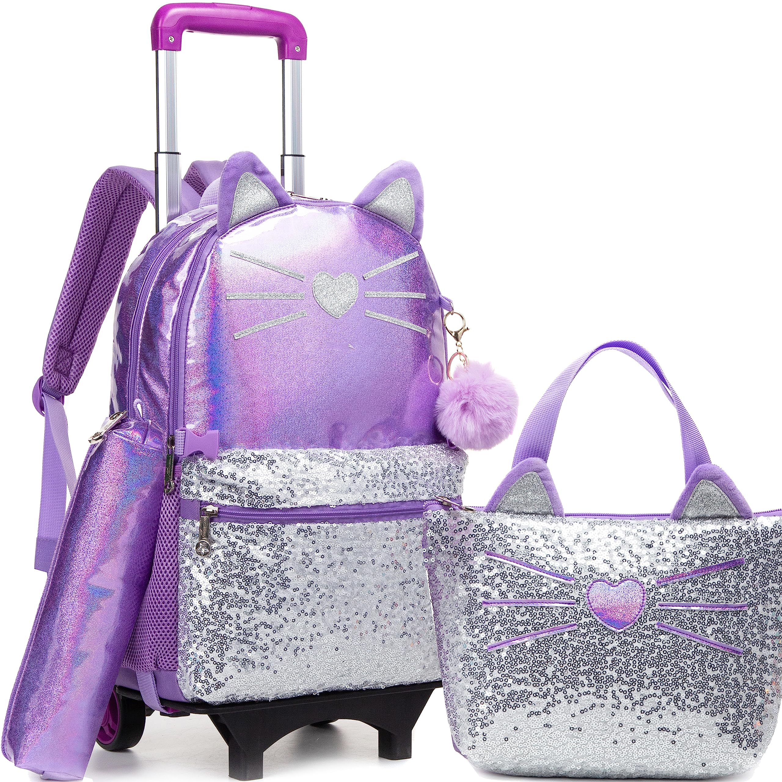Meetbelify Cute Cat Rolling Backpack for Girls Backpacks with Wheels ...