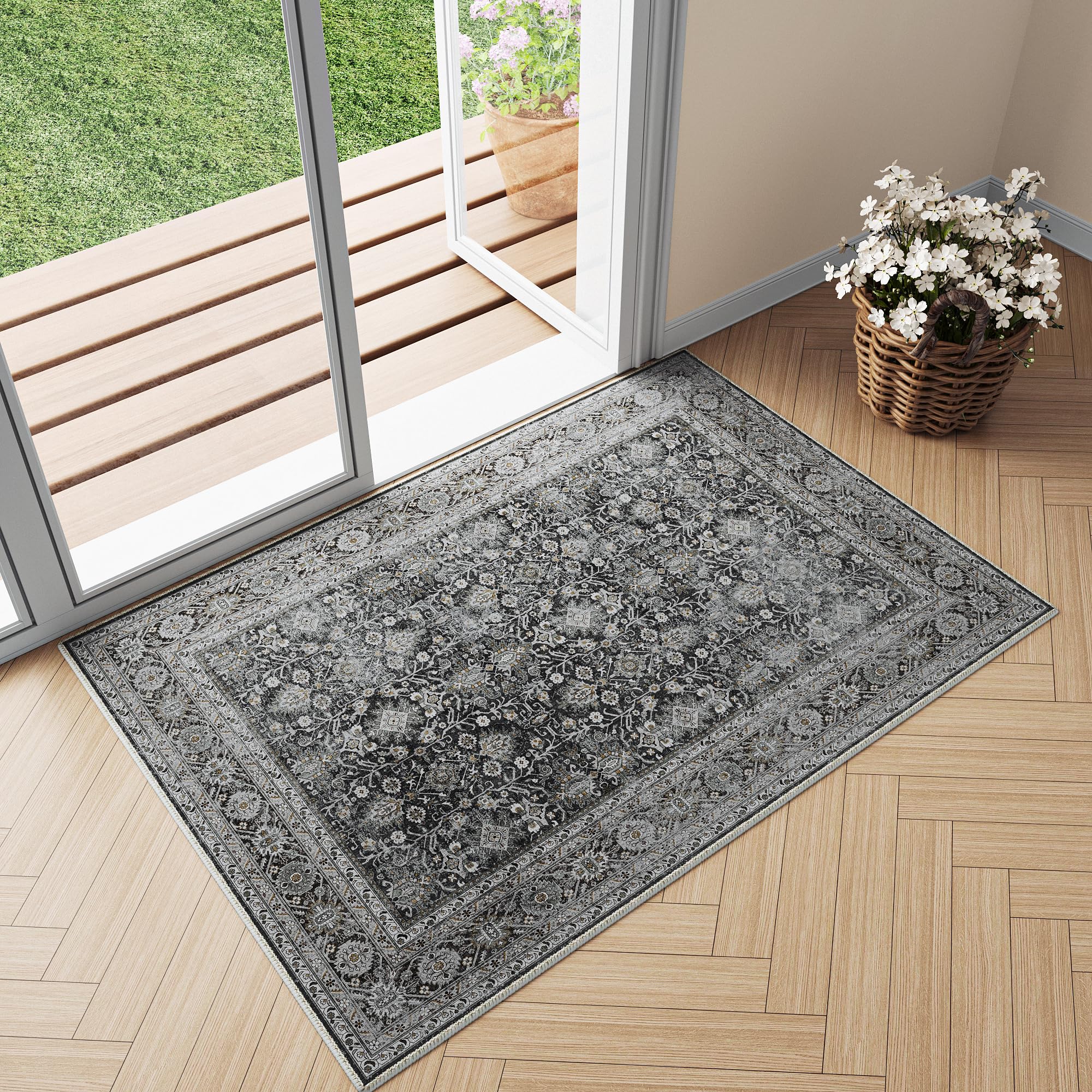 PureCozy Black Entryway Rug 2x3 Vintage Area Carpet Indoor Kitchen ...