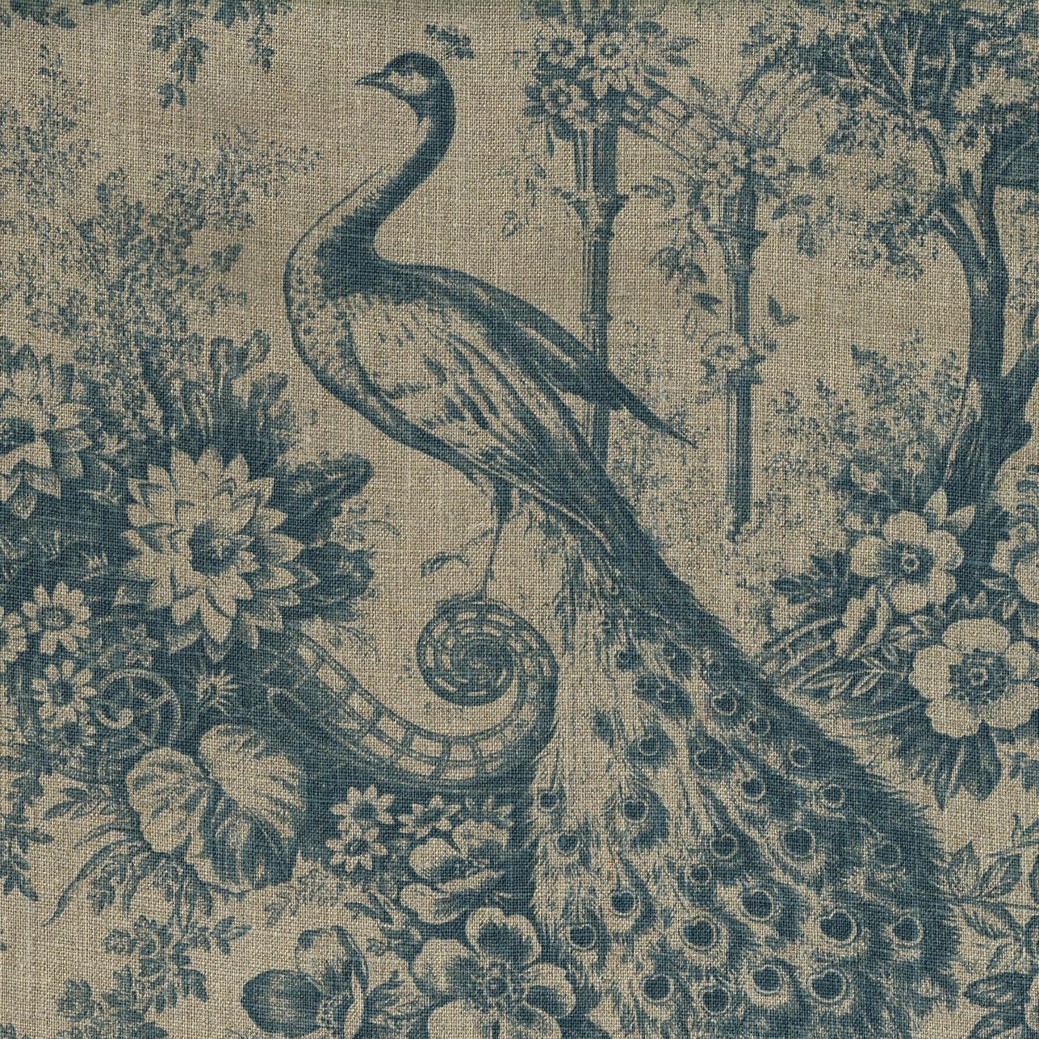 Amazon.com: 100% Linen Peacock Print Fabric - Blue | Authentic French ...