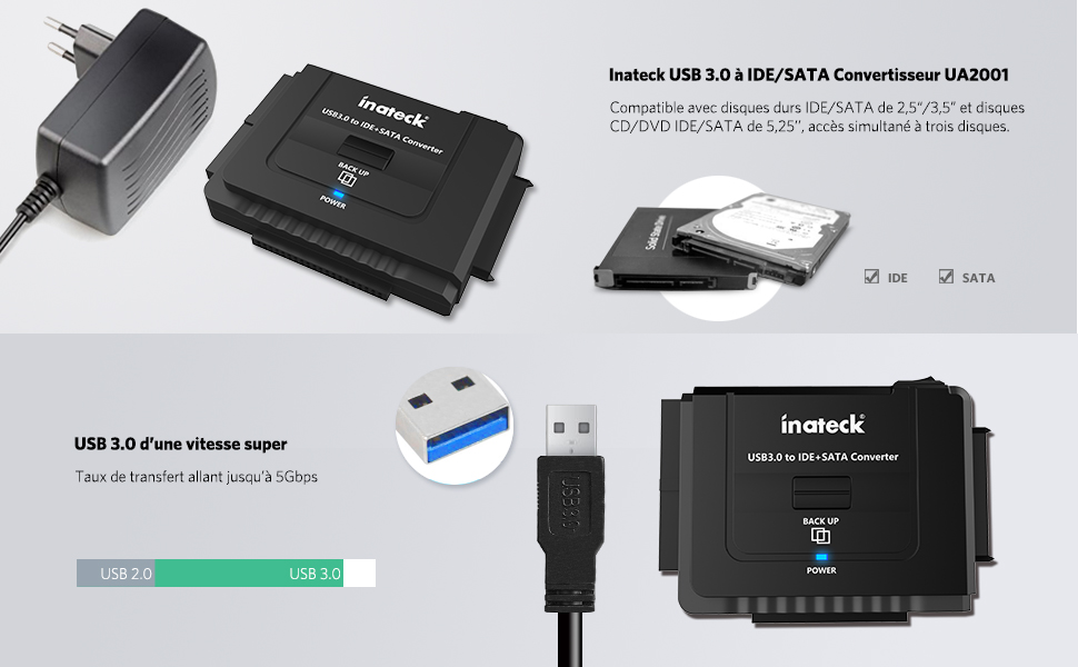 Inateck Adaptateur USB 3.0 vers Dsique Dur IDE/SATA, Convertisseur pour ...