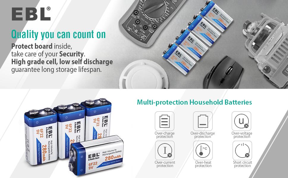 EBL 4 Pack 9V Ni-MH Rechargeable Batteries, 280mAh PP3: Amazon.co.uk ...