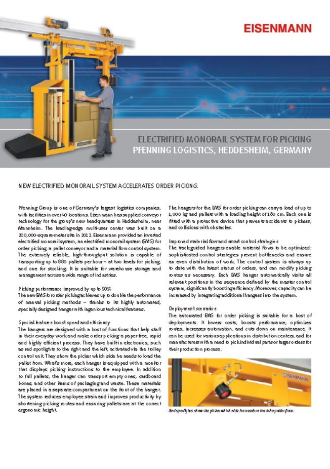 Eisenmann - Electrified Monorail System for Picking; Pfenning Logistics ...