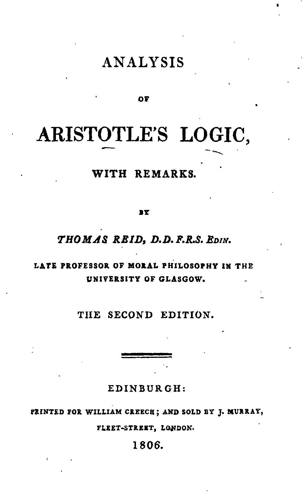 Analysis of Aristotle's Logic, with Remarks by Thomas Reid | Goodreads