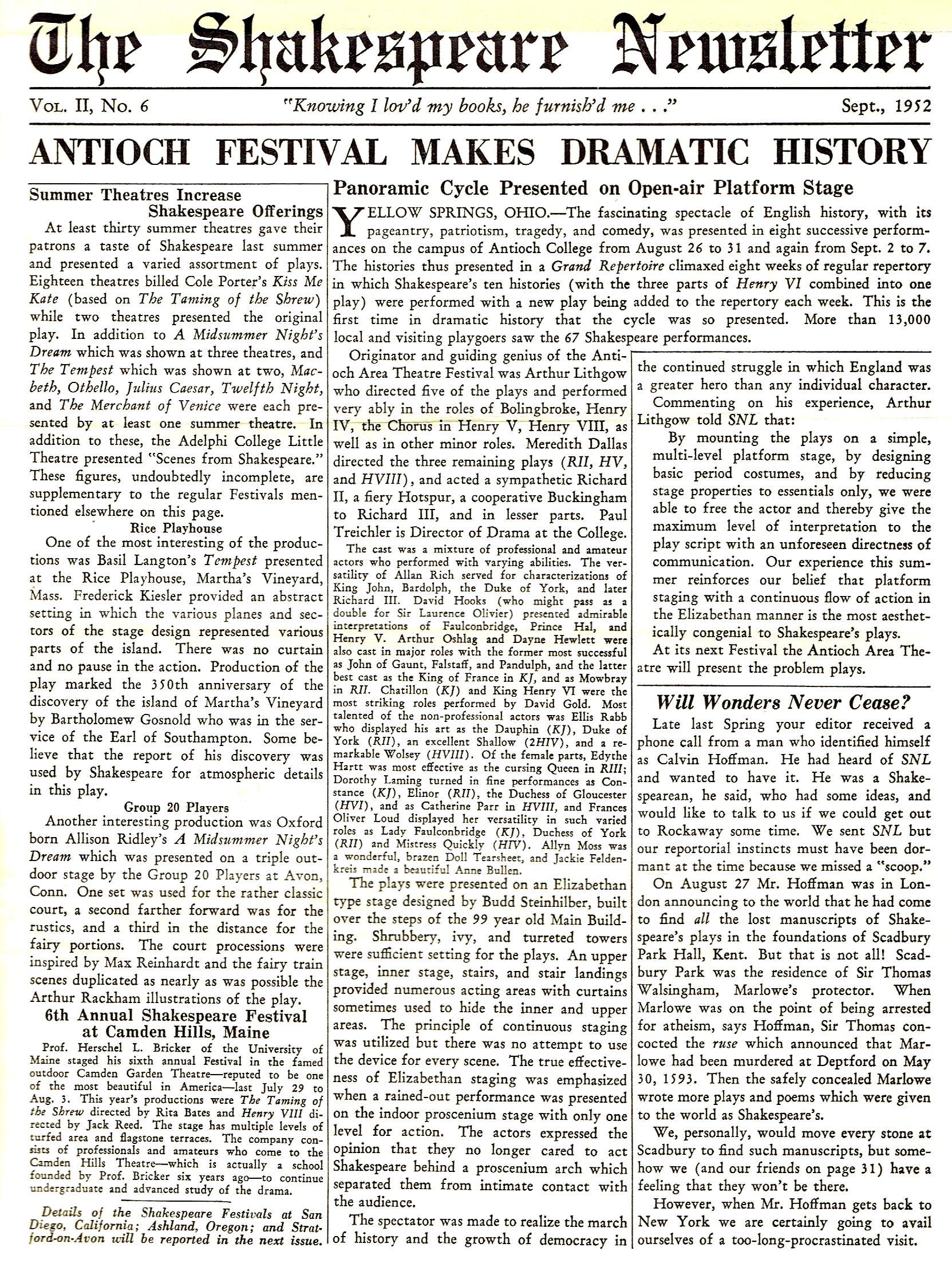 The Shakespeare Newsletter (2:6) by Louis Marder | Goodreads