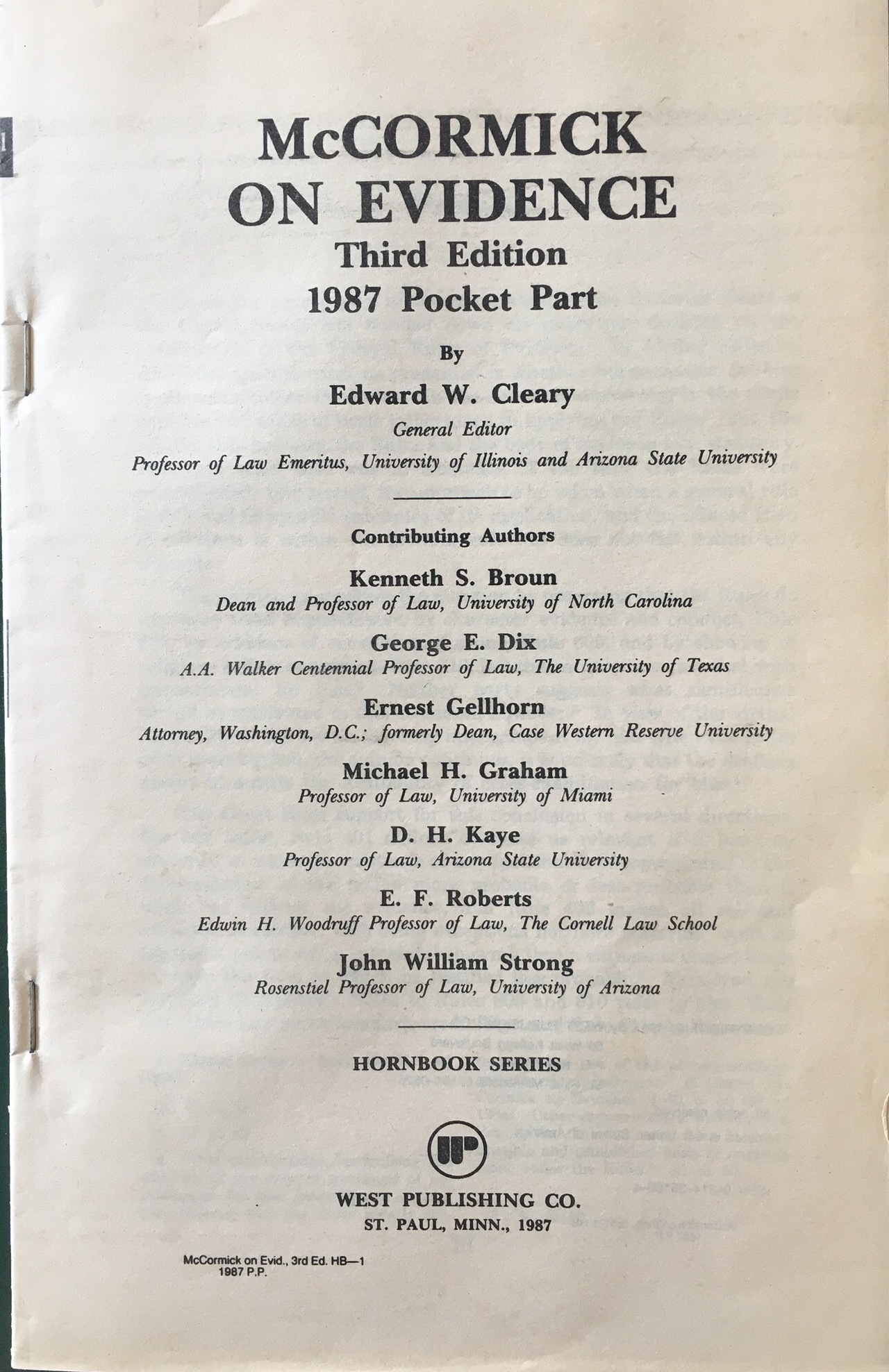 McCormick on Evidence Third Edition 1987 Pocket Part by Edward W ...