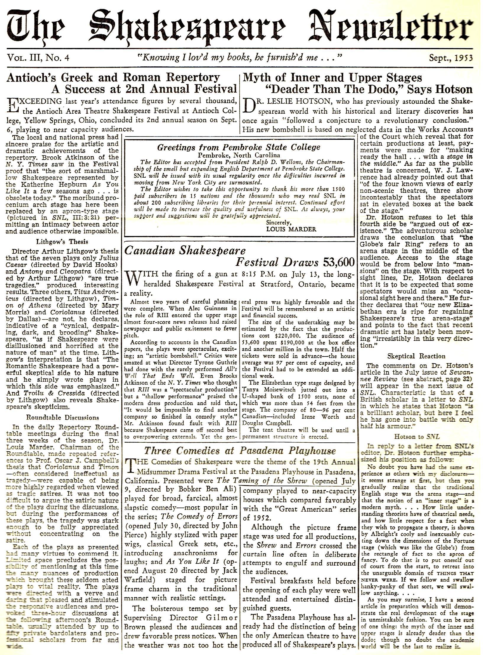 Shakespeare Newsletter (3:4, September 1953) by Louis Marder | Goodreads