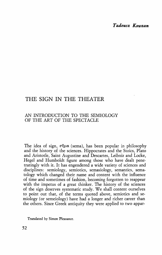 The Sign in the Theater: An Introduction to the Semiology of the Art of ...