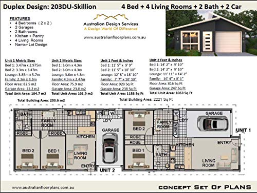 Skillion Roof Duplex Design- 4 Bedroom dual Family House Plan 203DU ...