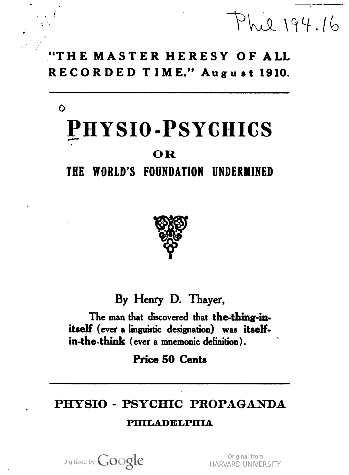 Theoretical Analysis: Physio-Psychics, or The World's Foundation ...