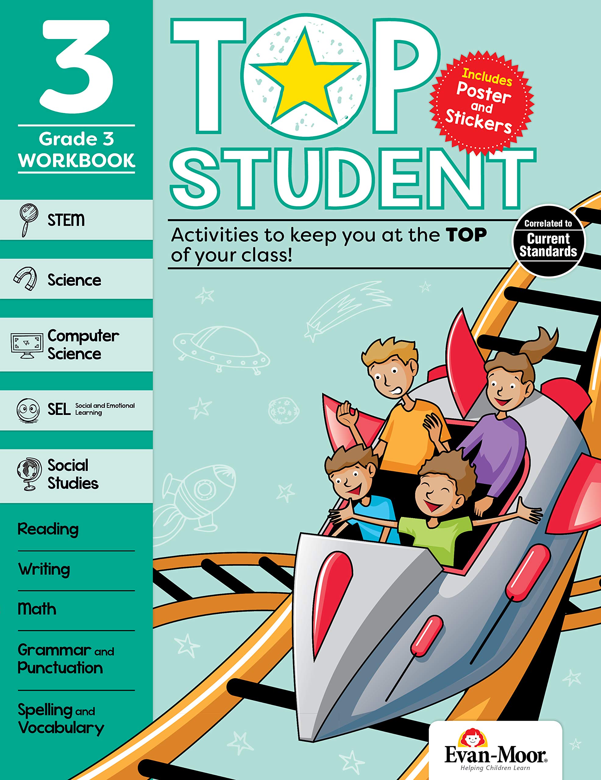 Evan-Moor Top Student, Grade 3 Workbook, 352 pages, Stickers, Poster ...