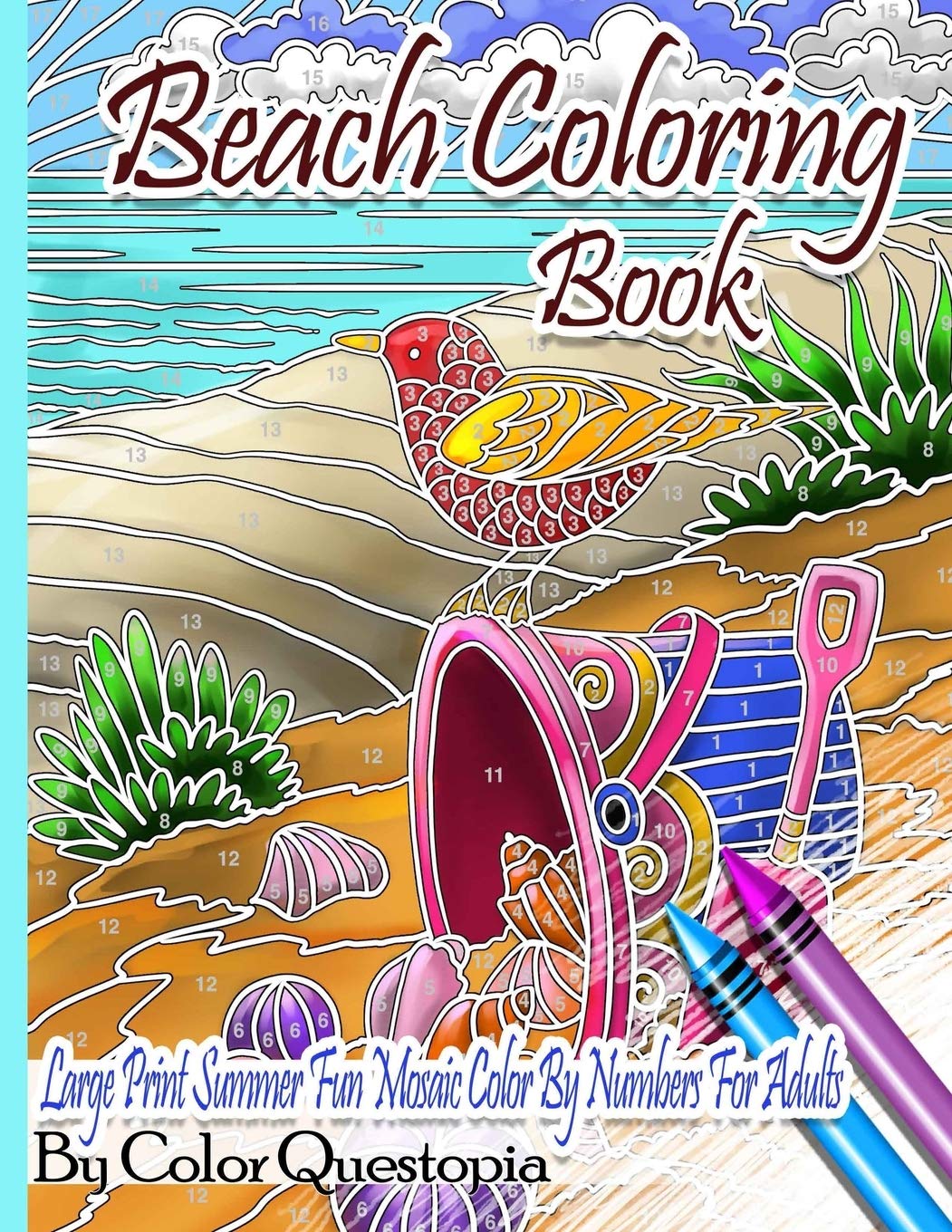 Beach Coloring Book- Large Print Summer Fun Mosaic Color By Numbers For ...
