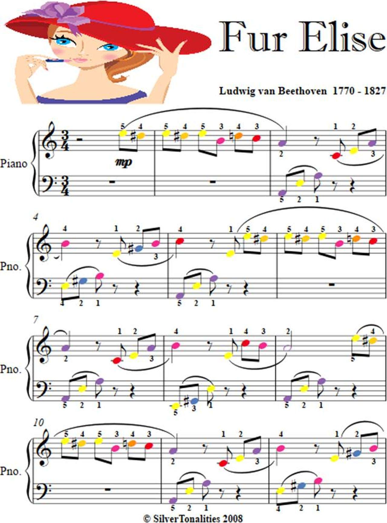 Fur Elise Easiest Piano Sheet Music with Colored Notes by Ludwig van ...