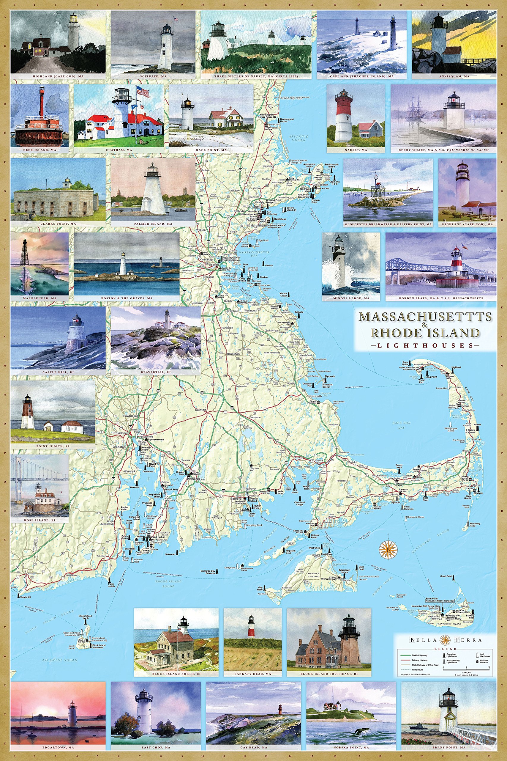 Massachusetts & Rhode Island Lighthouses Illustrated Map & Guide ...