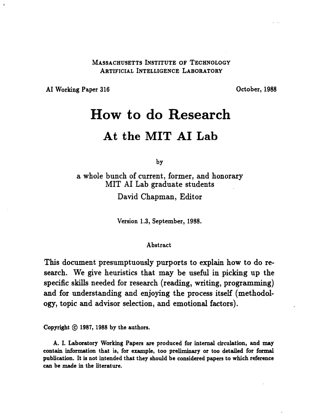 How to do Research At the MIT AI Lab by David Chapman | Goodreads