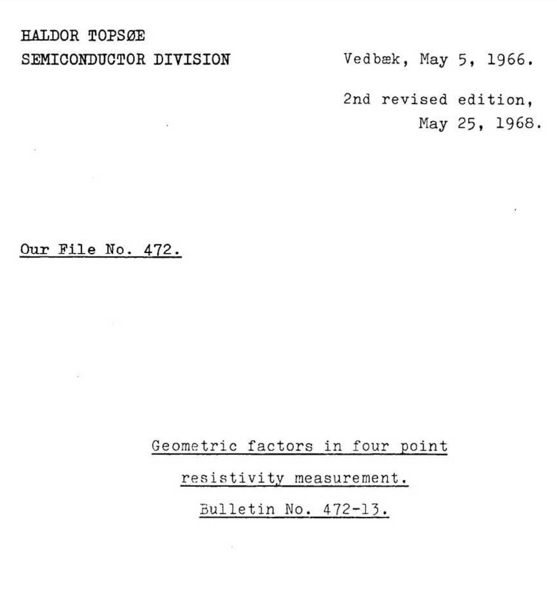 Geometric Factors in Four Point Resistivity Measurement by Haldor ...