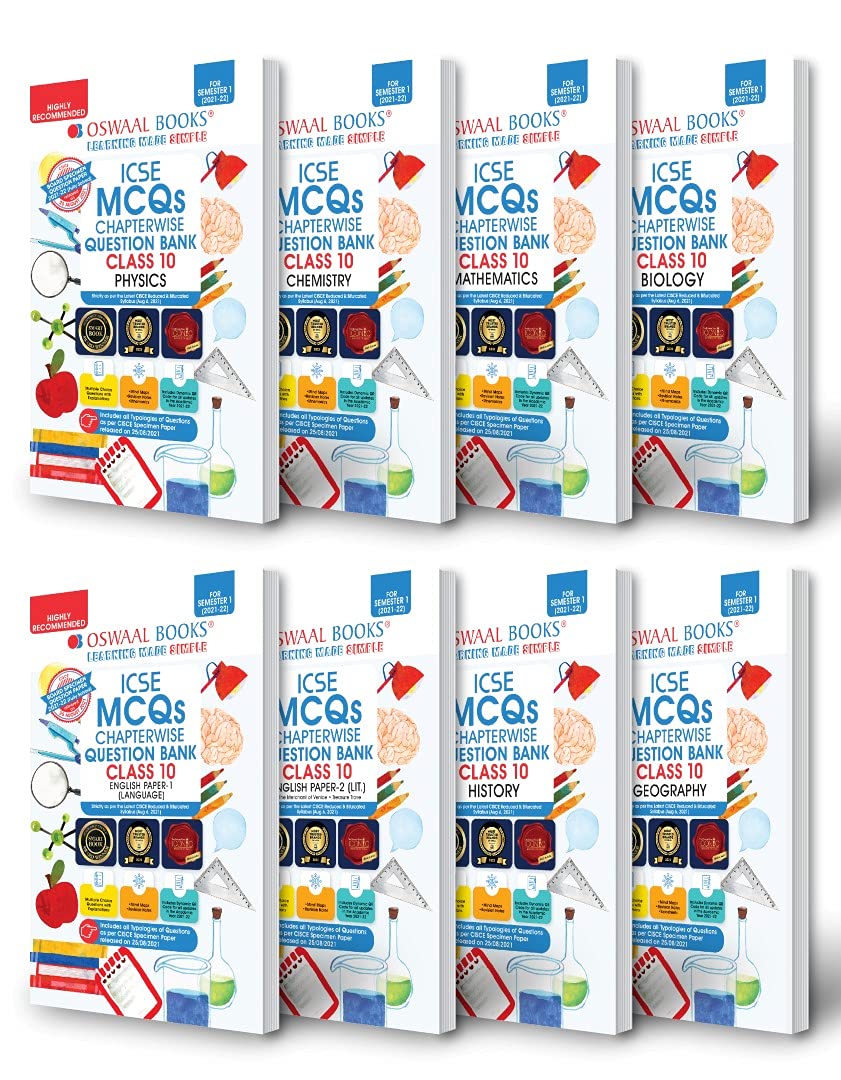 Oswaal ICSE MCQs Chapterwise Question Bank Class 10 (Set of 8 Books) Eng P- 1 & Eng P-2, Maths ...