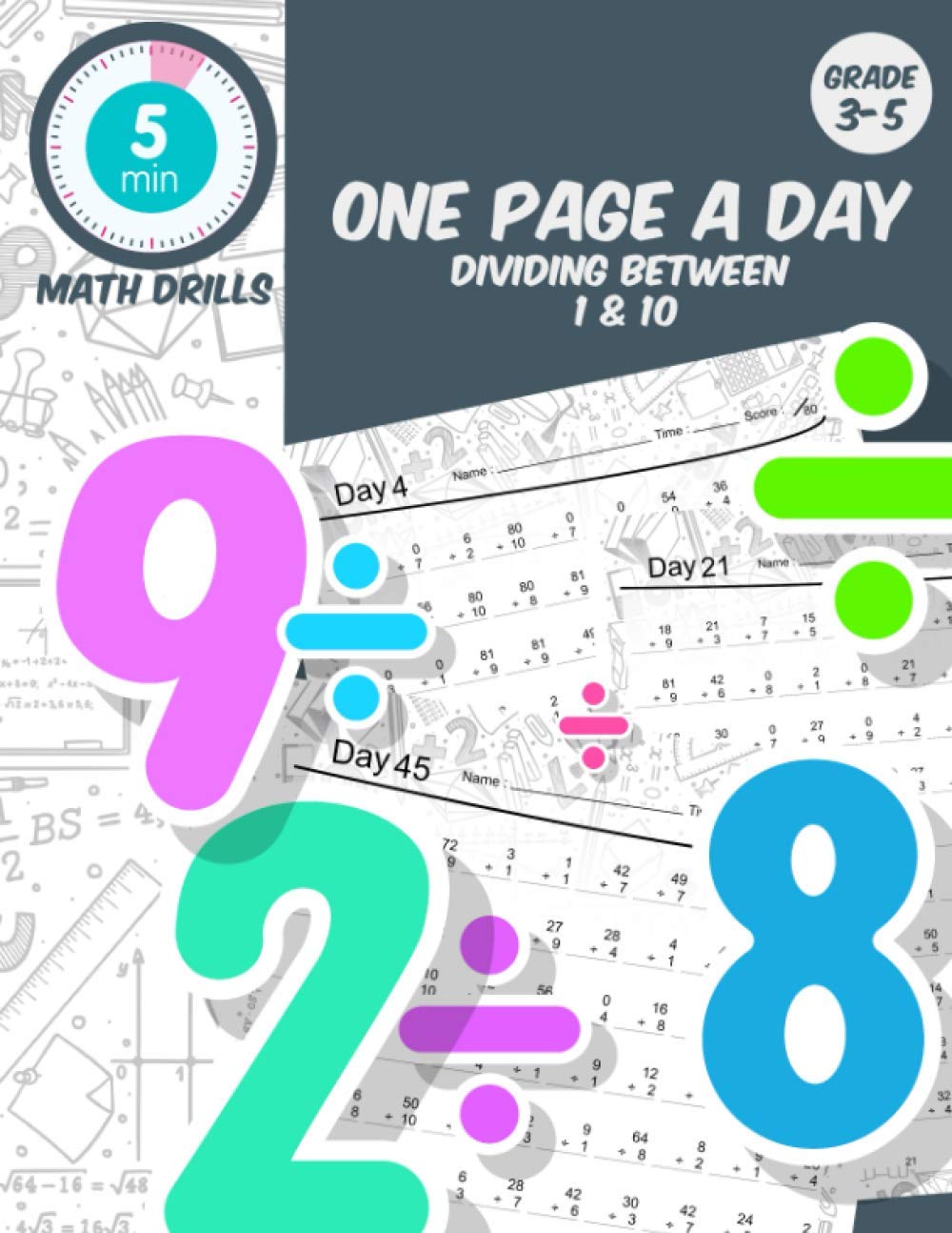 5 min math drills One page a day dividing between 1 & 10: grade 3-5 ...