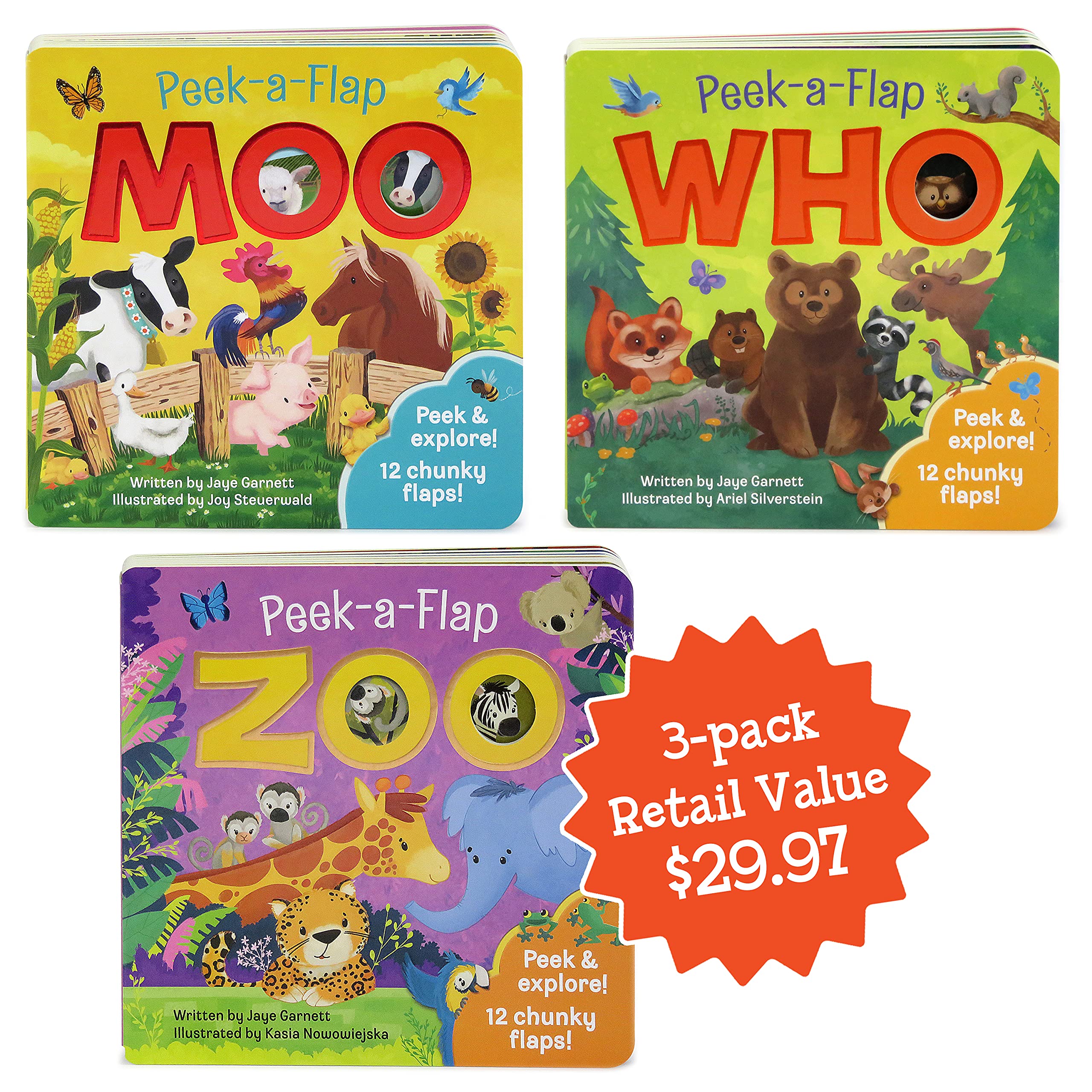 Peek-a-Flap 3-Pack - Moo, Who, & Zoo (Farm, Zoo & Forest Animals) Lift ...