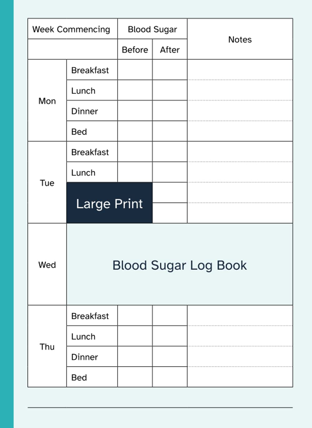 Large Print Blood Sugar Log Book Weekly Diabetic Diary Logbook