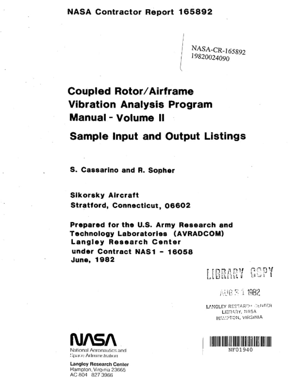 Coupled Rotor Airframe Vibration Analysis Program Manual Volume 2 Sample Input And Output