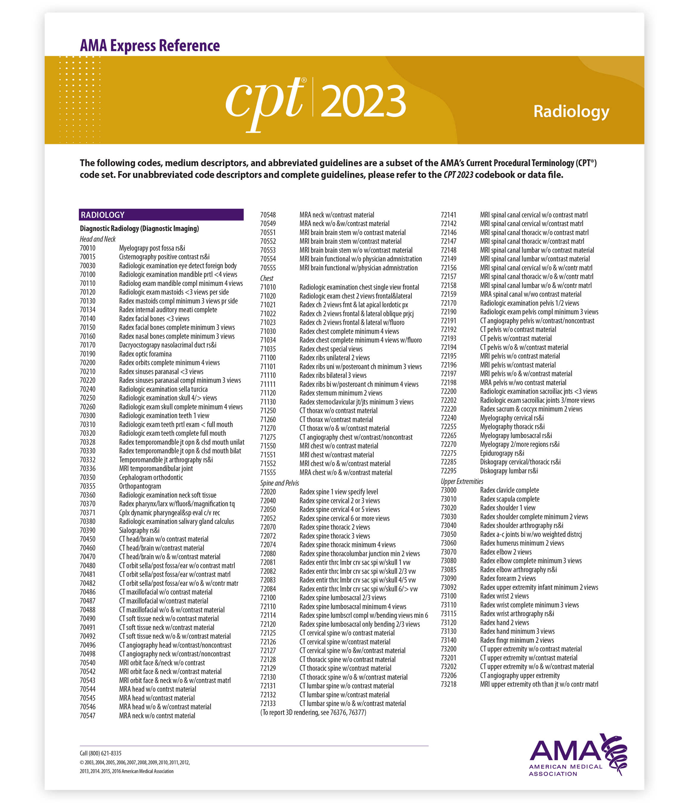 CPT 2023 Express Reference Coding Card Radiology By American Medical