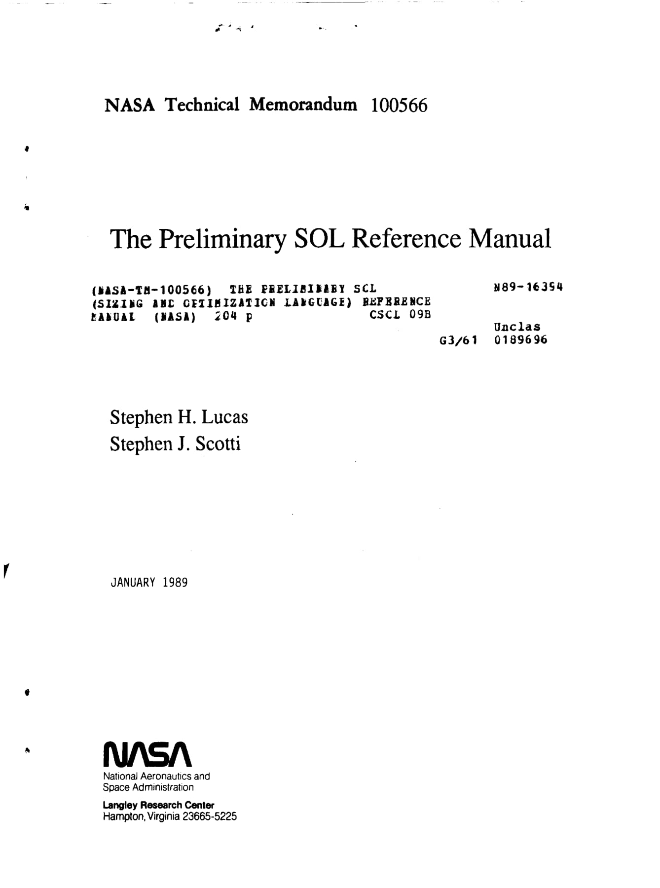 The Preliminary SOL (Sizing and Optimization Language) Reference Manual ...