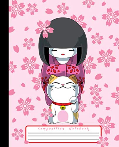 COMPOSITION NOTEBOOK: Cute Kawaii Japanese Kokeshi Doll and Maneki Neko ...