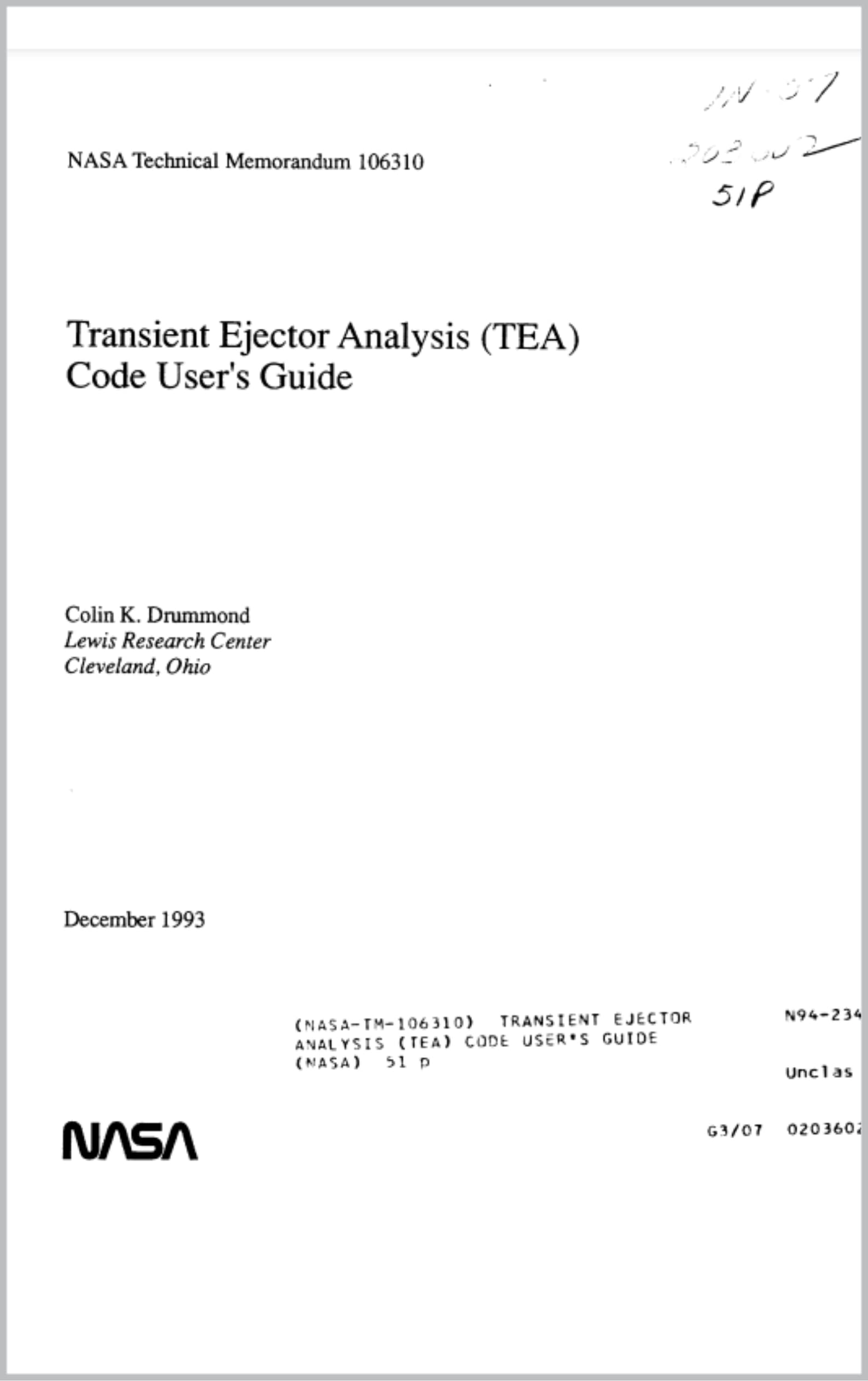 Transient Ejector Analysis (TEA) Code User's Guide: December 1, 1993 by NASA | Goodreads