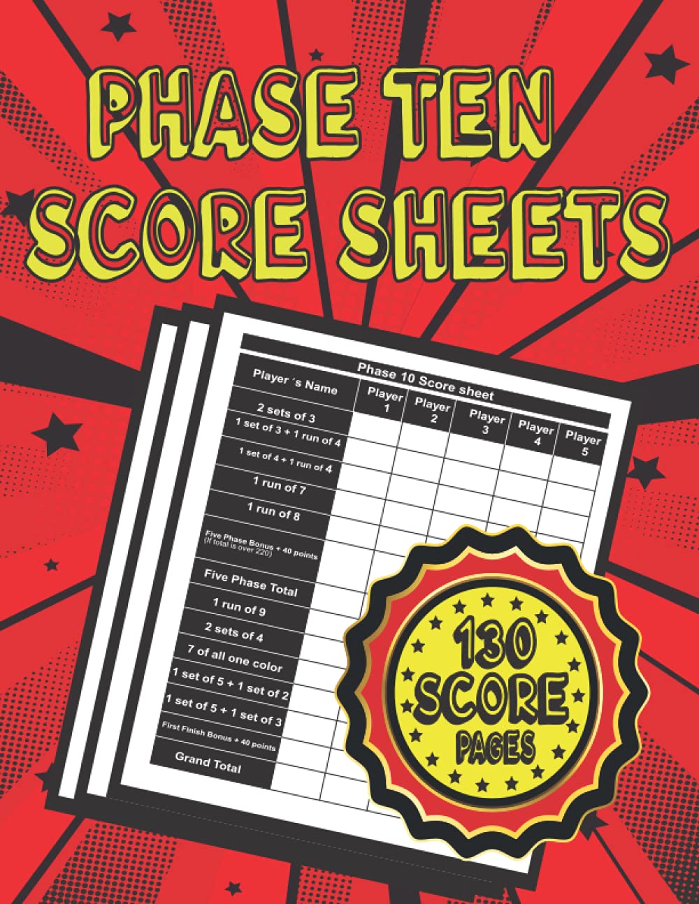 Phase ten Score Sheets: 130 score pages , Large Phase 10 Card Game ...