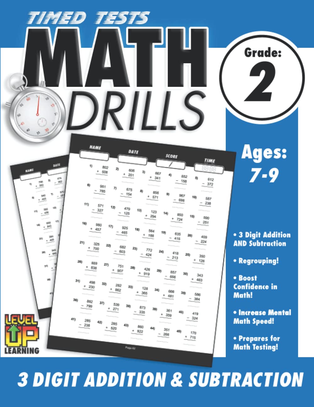Level Up Math Drills: Timed Tests 3 Digit Addition And Subtraction With ...