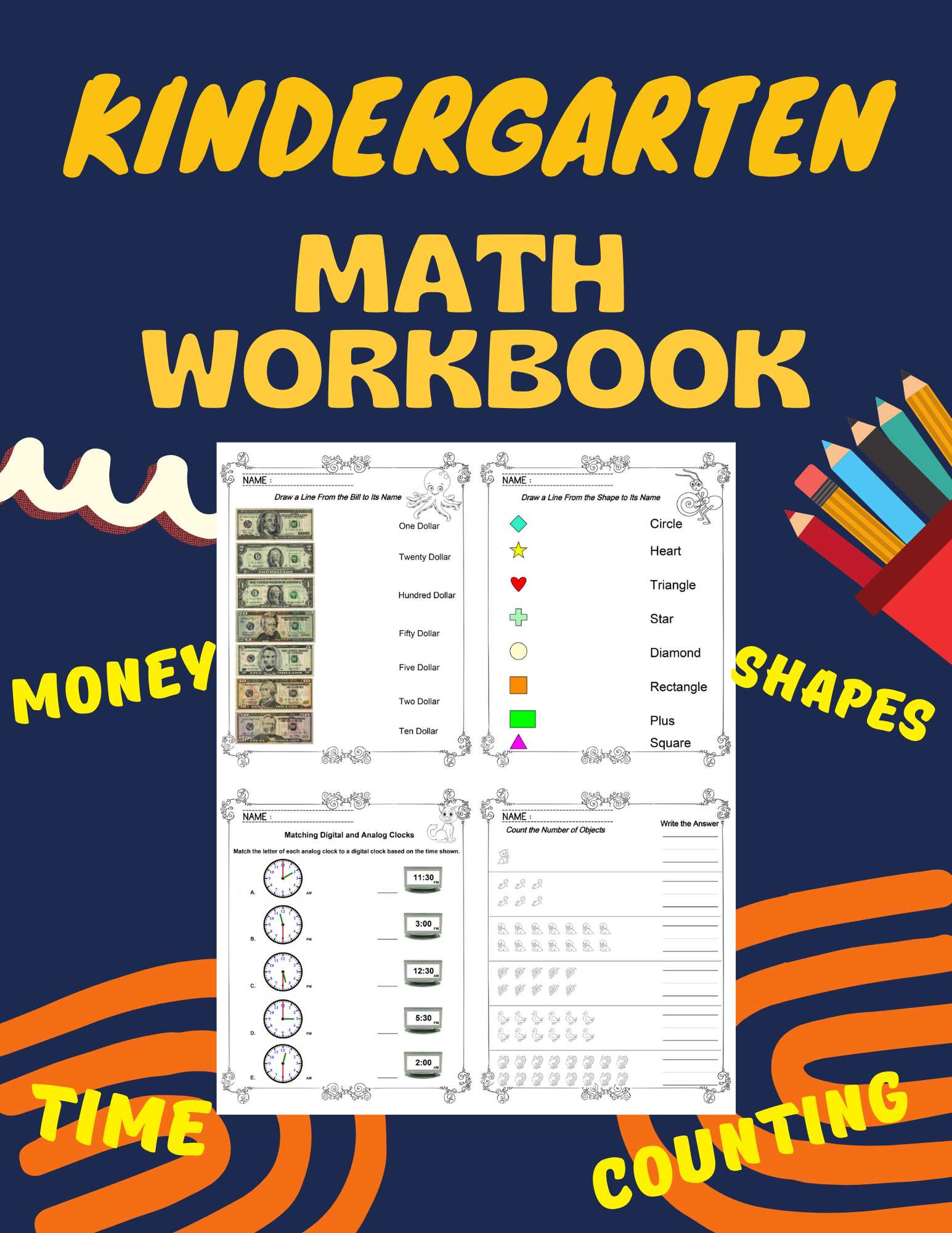 PI MATH Kindergarten Workbook, Telling Time, Counting, Money, shapes ...